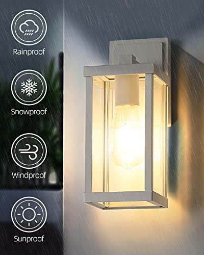 Eidonta Outdoor Wall Sconce, 2 Pack Exterior White Wall Lantern Light Fixtures with Clear Glass Shade, Waterproof Wall Mount Light, E26 Socket Modern Anti-Rust Porch Lighting (Bulb Not Included)