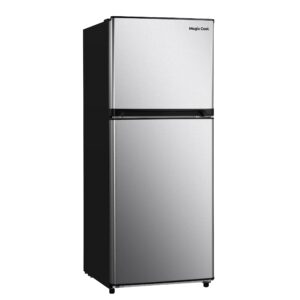 magic cool mcr10si apartment refrigerator freestanding slim design full fridge with top freezer for condo, house, small kitchen use, metallic