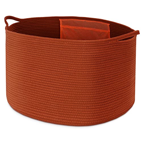 Maliton XXL Large Cotton Rope Basket Large Basket for Blankets, Towels, Pillows - Round Toy Basket with Pockets- Woven Laundry Basket with Handles - 20" x 20" x 13" Nursery Hamper Bin, Burnt Orange