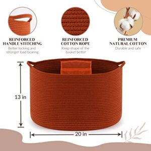 Maliton XXL Large Cotton Rope Basket Large Basket for Blankets, Towels, Pillows - Round Toy Basket with Pockets- Woven Laundry Basket with Handles - 20" x 20" x 13" Nursery Hamper Bin, Burnt Orange