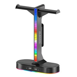 rgb headset holder- gaming headphone stand, headset stand with 2usb port and 3.5mm audio port, adjustable ambient light and auto-sensing rhythm light, gamers desktop gaming earphone accessories.