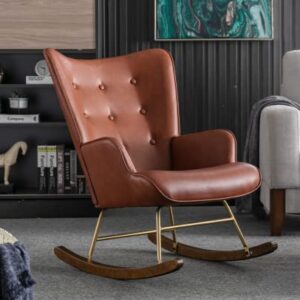 CIMOTA Leather Rocking Chair Nursery, Modern Armchair Tufted Wingback Comfy Rocker Chair with Thick Padded Seat for Nursery/Bedroom/Living Room, Faux Leather Retro Brown