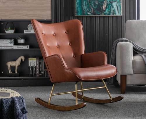 CIMOTA Leather Rocking Chair Nursery, Modern Armchair Tufted Wingback Comfy Rocker Chair with Thick Padded Seat for Nursery/Bedroom/Living Room, Faux Leather Retro Brown