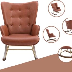 CIMOTA Leather Rocking Chair Nursery, Modern Armchair Tufted Wingback Comfy Rocker Chair with Thick Padded Seat for Nursery/Bedroom/Living Room, Faux Leather Retro Brown