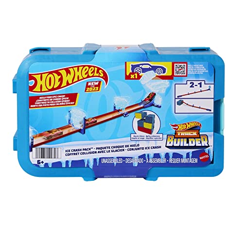 Hot Wheels Track Builder Playset Ice Crash Pack, 10 Component Parts & 1:64 Scale Toy Car, Stackable Storage Box