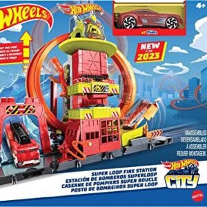 Hot Wheels Toy Car Track Set City Super Loop Fire Station & 1:64 Scale Firetruck, Connects to Other Sets