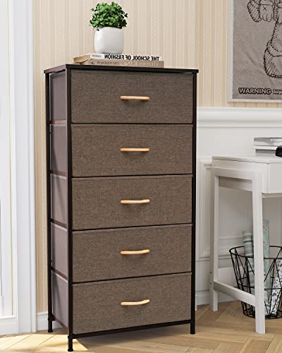 JOINHOM Dresser Storage Tower with 5 Drawers, Fabric Tall Dresser Drawer for Bedroom, Office, Entryway, Living Room and Closet - Sturdy Steel Frame, Easy Pull Bins & Wooden Top