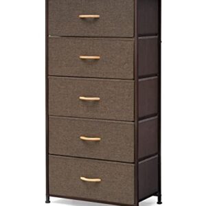 JOINHOM Dresser Storage Tower with 5 Drawers, Fabric Tall Dresser Drawer for Bedroom, Office, Entryway, Living Room and Closet - Sturdy Steel Frame, Easy Pull Bins & Wooden Top