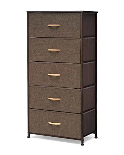 JOINHOM Dresser Storage Tower with 5 Drawers, Fabric Tall Dresser Drawer for Bedroom, Office, Entryway, Living Room and Closet - Sturdy Steel Frame, Easy Pull Bins & Wooden Top