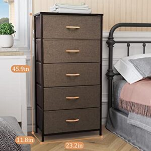 JOINHOM Dresser Storage Tower with 5 Drawers, Fabric Tall Dresser Drawer for Bedroom, Office, Entryway, Living Room and Closet - Sturdy Steel Frame, Easy Pull Bins & Wooden Top