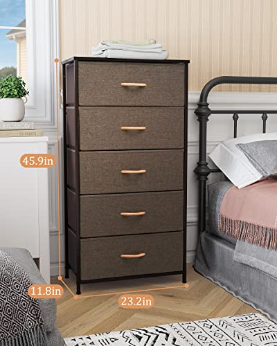 JOINHOM Dresser Storage Tower with 5 Drawers, Fabric Tall Dresser Drawer for Bedroom, Office, Entryway, Living Room and Closet - Sturdy Steel Frame, Easy Pull Bins & Wooden Top