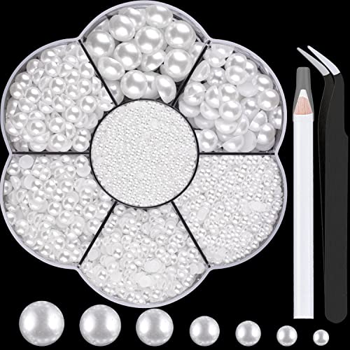 Nail Art Flat Back Half Round Pearl Kits 3, 1 Box of 5600 Pcs Flat-Back White Pearl with Tweezer and Picker Pencil for Home DIY Nails Body Face Craft and Salon Use