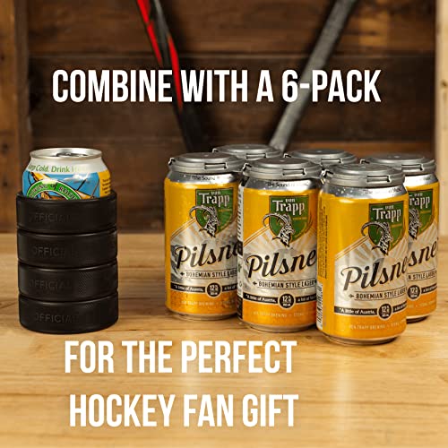 Beer Can Cooler made from 4 Real Ice Hockey Pucks, 12oz Beer Cooler for Hockey Gifts, Black Can Coolers for Hockey Dad Gifts, Insulated Beer Can Holder (1)