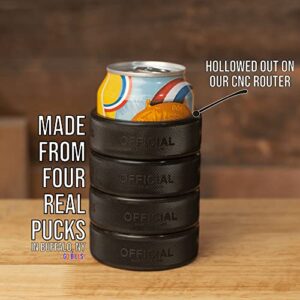 Beer Can Cooler made from 4 Real Ice Hockey Pucks, 12oz Beer Cooler for Hockey Gifts, Black Can Coolers for Hockey Dad Gifts, Insulated Beer Can Holder (1)