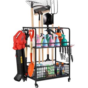 garden tool storage organizer with wheels, yard tool stand holder racks, garage tool rack, garden tool rolling cart, garage organizers and storage hold garden tools for garage lawn and outdoor