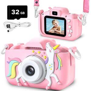 goopow kids camera toys for 3-8 year old girls,children digital video camcorder camera with unicorn soft silicone cover, best christmas birthday festival gift for kids - 32g sd card included