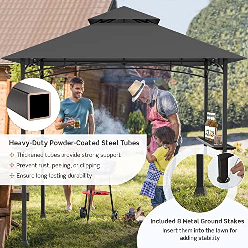 Tangkula 8x5 Ft Grill Gazebo, Double Tiered Outdoor BBQ Gazebo with 2 Side Shelves, 5 Hooks, Bottle Opener, Barbecue Grill Gazebo Shelter for Patio, Garden, Beach, Backyard (Gray)