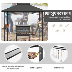 Tangkula 8x5 Ft Grill Gazebo, Double Tiered Outdoor BBQ Gazebo with 2 Side Shelves, 5 Hooks, Bottle Opener, Barbecue Grill Gazebo Shelter for Patio, Garden, Beach, Backyard (Gray)