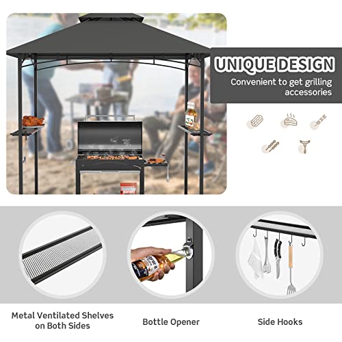 Tangkula 8x5 Ft Grill Gazebo, Double Tiered Outdoor BBQ Gazebo with 2 Side Shelves, 5 Hooks, Bottle Opener, Barbecue Grill Gazebo Shelter for Patio, Garden, Beach, Backyard (Gray)