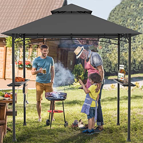 Tangkula 8x5 Ft Grill Gazebo, Double Tiered Outdoor BBQ Gazebo with 2 Side Shelves, 5 Hooks, Bottle Opener, Barbecue Grill Gazebo Shelter for Patio, Garden, Beach, Backyard (Gray)