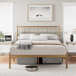 senfot bed frame, gold metal queen size platform bed frame with headboard, heavy duty metal slat support, mattress foundation, noise free design, easy installation, gold