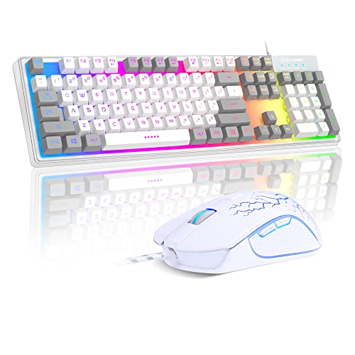 MageGee Gaming Keyboard and Mouse Combo, K1 LED Rainbow Backlit Keyboard with 104 Key Computer PC Gaming Keyboard for PC/Laptop(Gray & White)