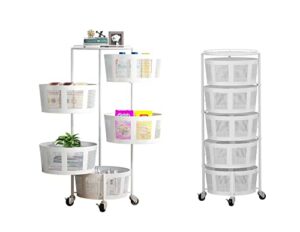 5 tier round rotating storage rack for kitchen, multi layer kitchen storage shelf with wheels for vegetable fruits white metal household organization shelf corner shelves for living room