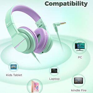 iClever HS19 Kids Headphones with Microphone for School, Volume Limiter 85/94dB, Over-Ear Girls Boys Headphones for Kids with Shareport, Foldable Wired Headphones for iPad/Fire Tablet/Travel, Green