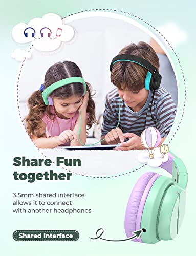 iClever HS19 Kids Headphones with Microphone for School, Volume Limiter 85/94dB, Over-Ear Girls Boys Headphones for Kids with Shareport, Foldable Wired Headphones for iPad/Fire Tablet/Travel, Green