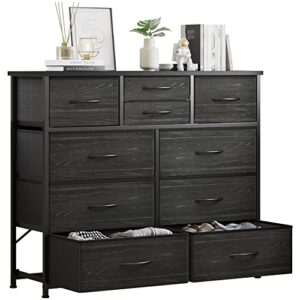 lumtok 10-drawer dresser, fabric dressers drawers for bedroom, hallway, nursery, closets, steel frame, wood top, easy pull handle (black wood veins)