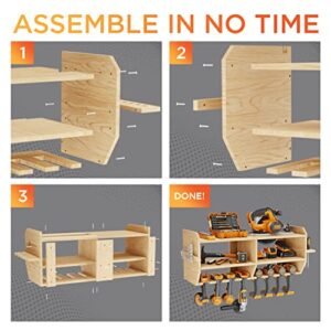 ESPAZZIO Power Tool Organizer Wall Mount w/ Magnetic Holder, Slots - Easy Installation Cordless Drill Storage Wood – Large Capacity Garage Holds Drills, Tools, & More Rack