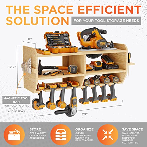 ESPAZZIO Power Tool Organizer Wall Mount w/ Magnetic Holder, Slots - Easy Installation Cordless Drill Storage Wood – Large Capacity Garage Holds Drills, Tools, & More Rack