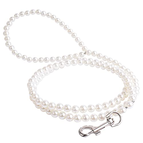 Cdycam 120cm 4ft Custom Pearls Beaded Pet Dog Cat Training Walking Leash with Elegant White Peal Dog Collar