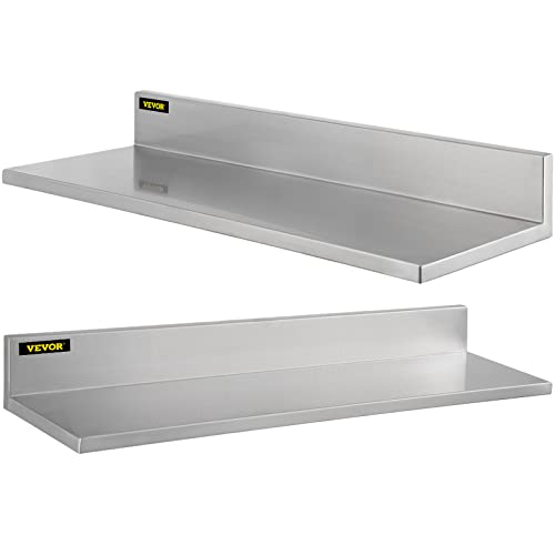 VEVOR Stainless Steel Wall Shelf, 8.6'' x 16'', Max. 44 lbs Load Capacity Heavy-Duty Commercial Wall-Mounted Shelving w/Backsplash for Restaurant, Home, Kitchen, Hotel, Bar, Laundry Room (2 Packs)