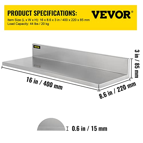 VEVOR Stainless Steel Wall Shelf, 8.6'' x 16'', Max. 44 lbs Load Capacity Heavy-Duty Commercial Wall-Mounted Shelving w/Backsplash for Restaurant, Home, Kitchen, Hotel, Bar, Laundry Room (2 Packs)