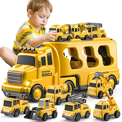 TEMI Construction Truck Toys Cars for Toddlers 3-5 - 7-in-1 Friction Power Vehicle Toy for 3 4 5 6 Year Old Boys, Carrier Transport Trucks for Kids 3-5 Years, Car Toys Set for Age 3-9 Boys & Girls