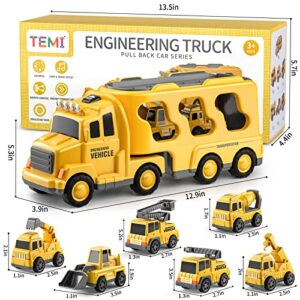 TEMI Construction Truck Toys Cars for Toddlers 3-5 - 7-in-1 Friction Power Vehicle Toy for 3 4 5 6 Year Old Boys, Carrier Transport Trucks for Kids 3-5 Years, Car Toys Set for Age 3-9 Boys & Girls