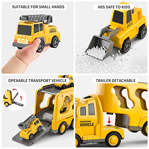 TEMI Construction Truck Toys Cars for Toddlers 3-5 - 7-in-1 Friction Power Vehicle Toy for 3 4 5 6 Year Old Boys, Carrier Transport Trucks for Kids 3-5 Years, Car Toys Set for Age 3-9 Boys & Girls