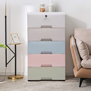 plastic drawers dresser storage cabinet with wheels, 5 drawer stackable vertical clothes storage tower, organizer unit dresser organizer for hallway entryway for bedroom, hallway, entrance, closet