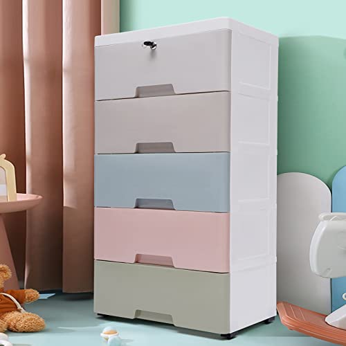 Plastic Drawers Dresser Storage Cabinet with wheels, 5 Drawer Stackable Vertical Clothes Storage Tower, Organizer Unit Dresser Organizer for Hallway Entryway for Bedroom, Hallway, Entrance, Closet