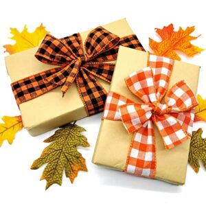 Wired Edge Autumn Buffalo Plaid Ribbon Fabric Burlap Ribbon for DIY Craft Wrapping Thanksgiving Decoration 6.56 Yard (Orange White Gingham 5 cm)