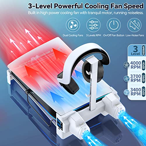 PS5 Horizontal Stand with 3-Level Cooling Fans for Playstation 5 Console, PS5 Accessories Controller Charging Station Fit for PS5 Edge Controller, PS5 Cooling Station with Headset Holder