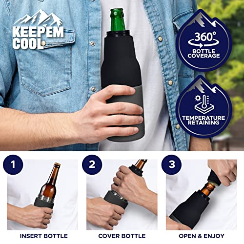 Keep em Cool Vacuum Insulated Beer Bottle & Can Cooler With Beer Opener- Double Walled, Stainless Steel Drink Cooler For Beers & Beverages- Easy To Hold For BBQs & Camping- Great Beer Gift (Grey)