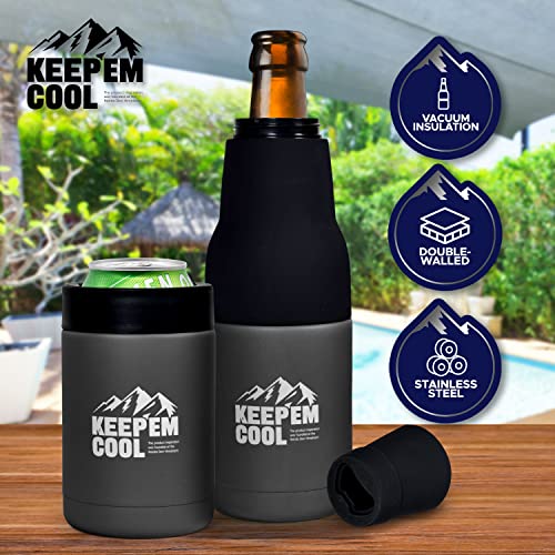 Keep em Cool Vacuum Insulated Beer Bottle & Can Cooler With Beer Opener- Double Walled, Stainless Steel Drink Cooler For Beers & Beverages- Easy To Hold For BBQs & Camping- Great Beer Gift (Grey)