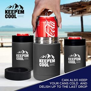 Keep em Cool Vacuum Insulated Beer Bottle & Can Cooler With Beer Opener- Double Walled, Stainless Steel Drink Cooler For Beers & Beverages- Easy To Hold For BBQs & Camping- Great Beer Gift (Grey)