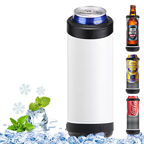 INSTOME Sublimation Can Cooler with Speaker,4 in 1 16oz Straight Music Can Cooler,Insulated Speaker Cup Can Cooler with Detachable Led Light for Summer Beach Party (Black)