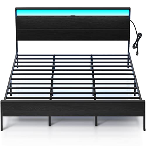 Rolanstar Bed Frame with Charging Station, King Bed Frame with LED Lights Headboard, Metal Platform Bed Frame, Strong Metal Slats, 10.2” Under Bed Storage Clearance, No Box Spring Needed, Noise Free