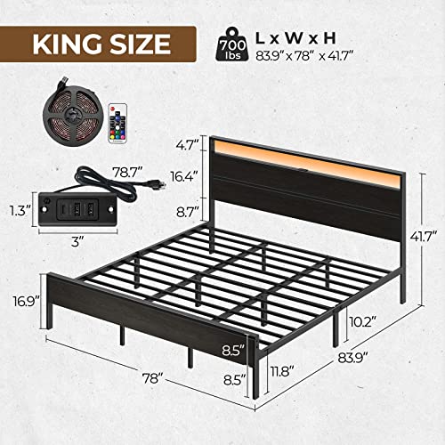 Rolanstar Bed Frame with Charging Station, King Bed Frame with LED Lights Headboard, Metal Platform Bed Frame, Strong Metal Slats, 10.2” Under Bed Storage Clearance, No Box Spring Needed, Noise Free