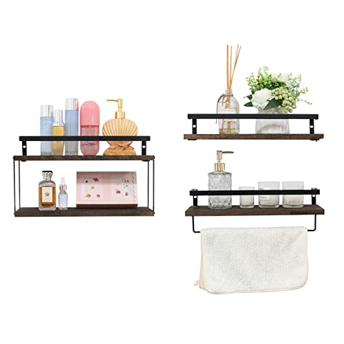 Rustic Floating Shelves With Metal Rack, Wood Floating Shelves Set of 4, Wall Mounted Floating Bathroom Shelves,Black Floating Shelves For Bathroom for Kitchen,Living Room,Bedroom, Coffee Bar, Office