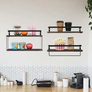 Rustic Floating Shelves With Metal Rack, Wood Floating Shelves Set of 4, Wall Mounted Floating Bathroom Shelves,Black Floating Shelves For Bathroom for Kitchen,Living Room,Bedroom, Coffee Bar, Office